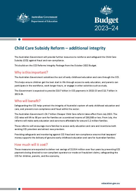 Budget 23-24 Factsheet - Child Care Subsidy Reform - Additional Integrity - Department of ...